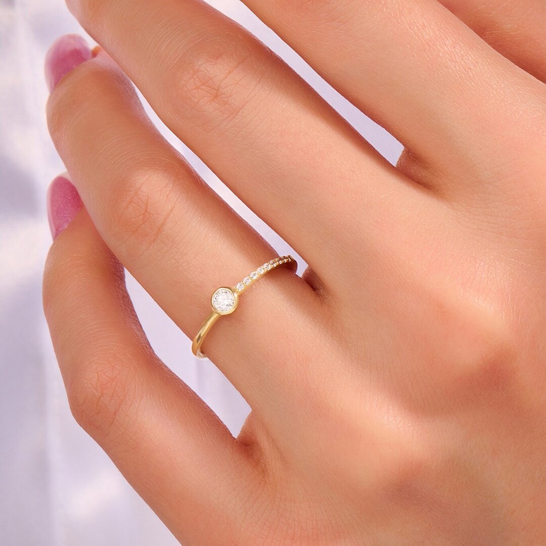 Diamond Accent Solitaire Ring Bezel Set Small Engagement Ring 14k 18k ...