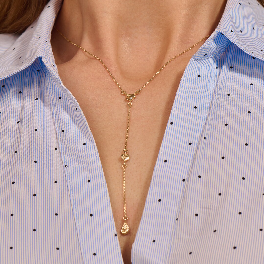14k Gold Y Necklace, Solid Gold Lariat Necklace, Womens Tiny Diamond ...