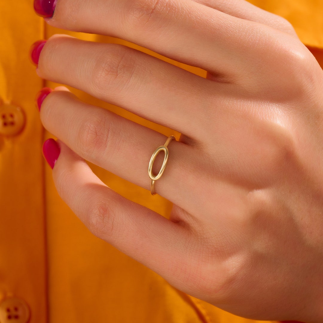 Oval Open Band Ring, 14k Solid Gold Small Circle Ring, Minimal O Karma Ring Women ,thin Ellipse ...