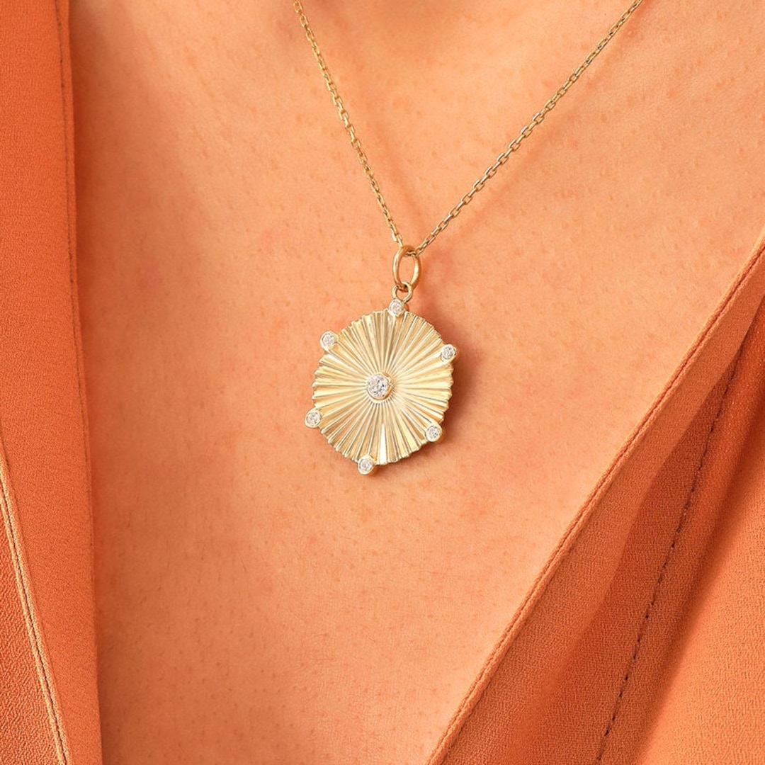 Pave Diamond Round Sun Pendant 14k Gold Solid Sunburst Coin - Etsy