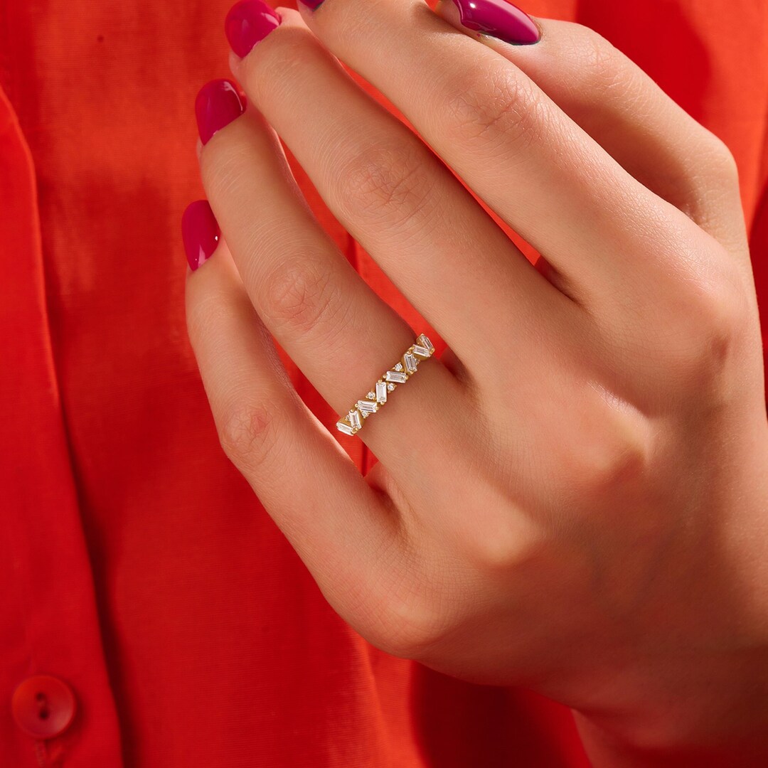 Tilted Baguette Diamond Alternating Ring Stacking Wedding Ring in 14k ...