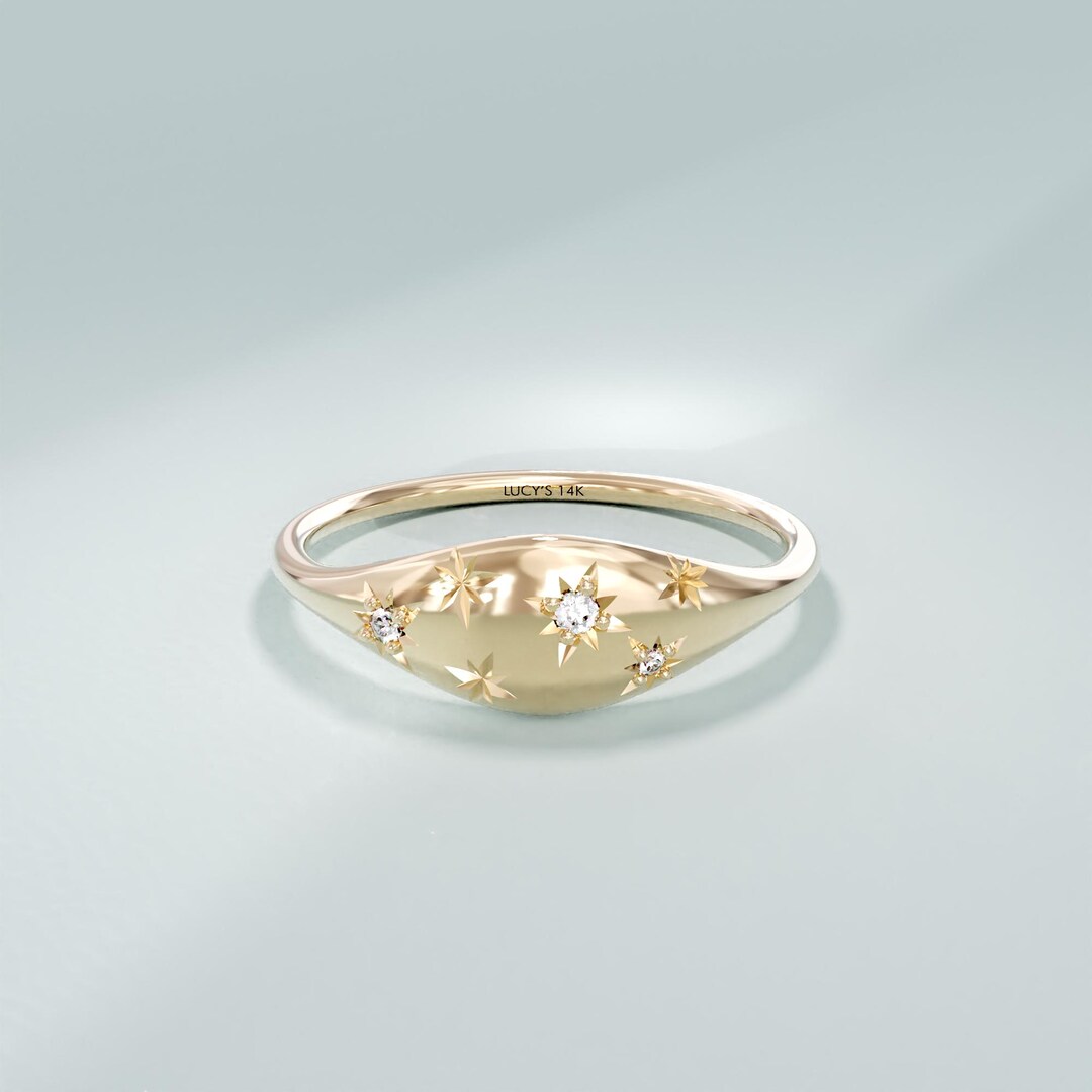 Diamond Star Pinky Ring, 14k Gold Signet Ring, Solid Gold Minimalist ...