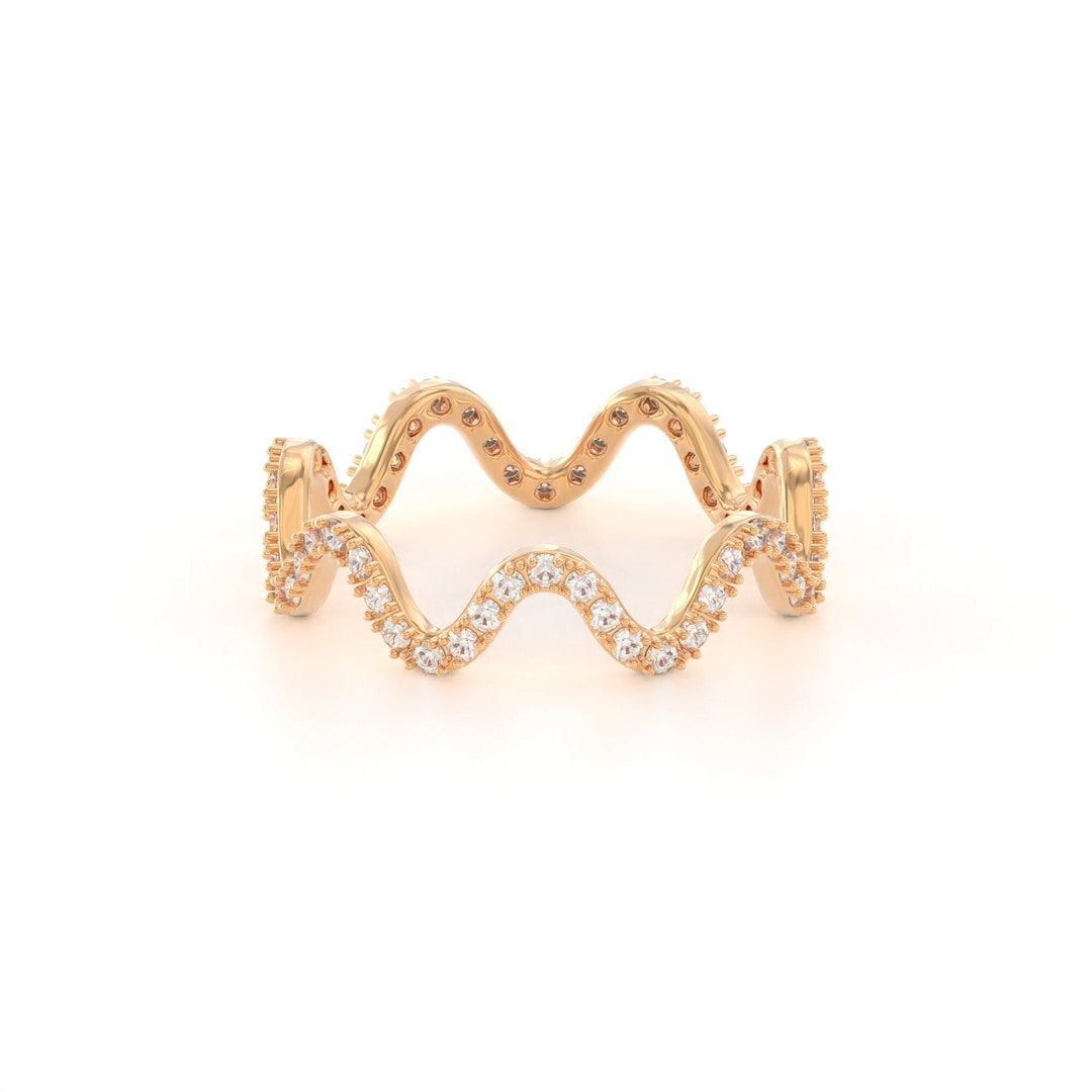 Eternity Diamond Zigzag Ring, 14k Solid Gold Ups and Downs Ring, Curvy Stacking Thumb Ring Women ...