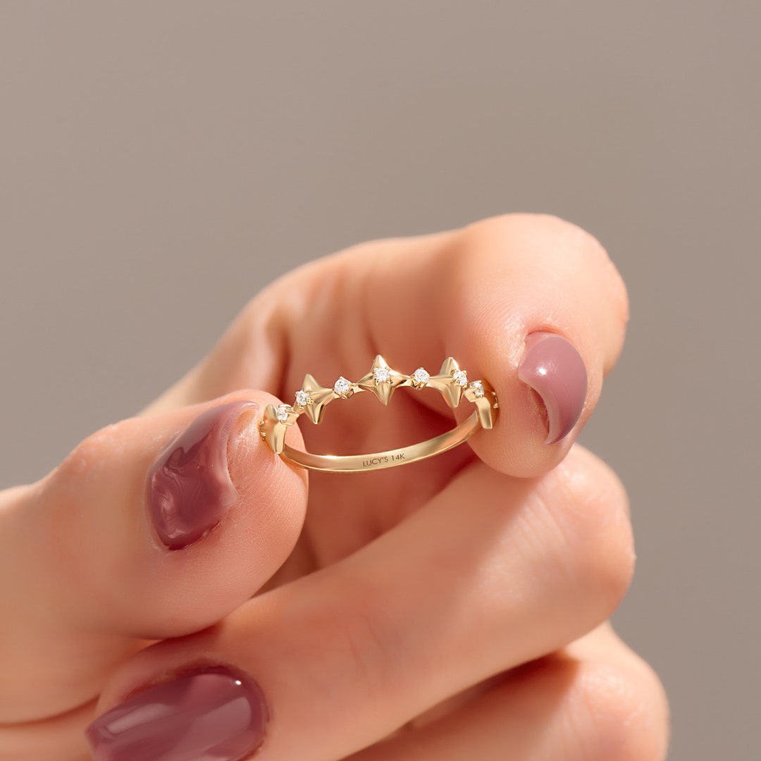 Tiny Diamond Sparkle Wedding Ring, 14k Solid Gold Small Stacking Ring, Dainty Cross Marriage ...