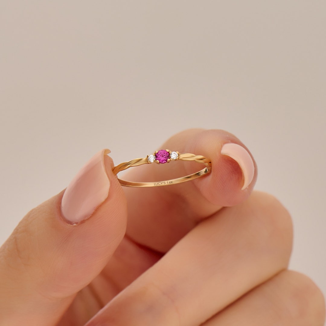 Minimalist Ruby Solitaire Ring 14k Solid Gold Small Promise Ring Pink ...