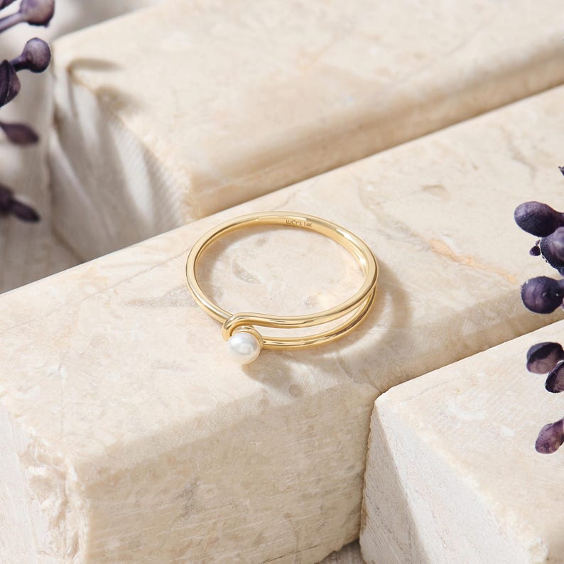 Pearl Promise Ring 14K Solid Gold Dainty Gemstone Band Jewelry Gift ...
