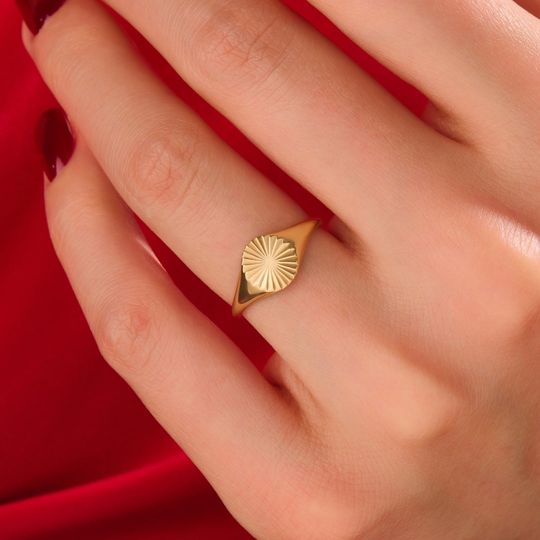 Solid Gold Sun Signet Ring, 14k Sunburst Statement Ring, Minimalist ...