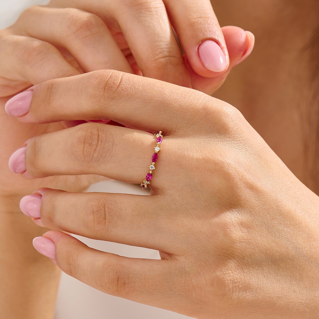 Half Eternity Ruby Ring With Diamond, Solid Gold Stackable Band, 14k Stacking Ring for Women ...