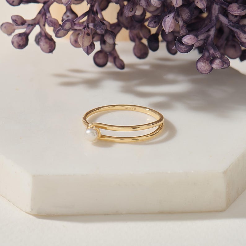 Pearl Promise Ring 14K Solid Gold Dainty Gemstone Band Jewelry Gift ...