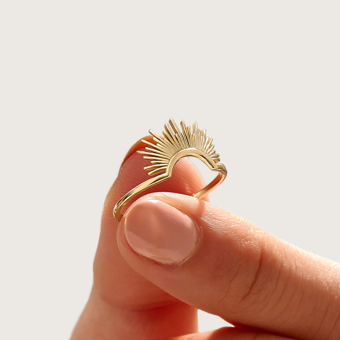 14k Sunshine Ring, Solid Real Gold Half Sun Stackable Band Women ...
