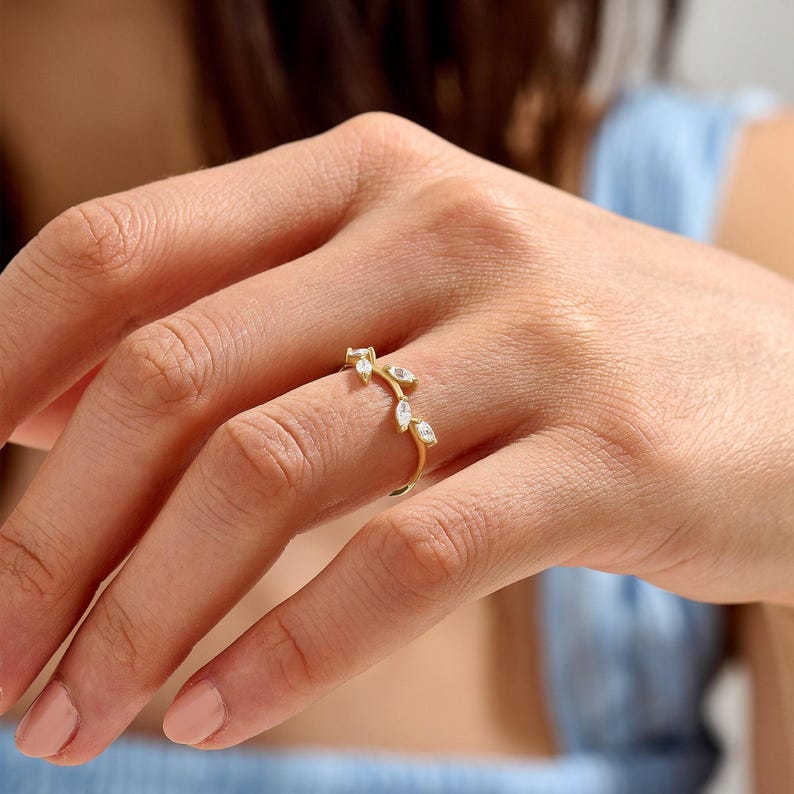 Lab Diamond Leaf Wedding Ring, 14k Gold Leaf Ring With Diamond, Leafy ...