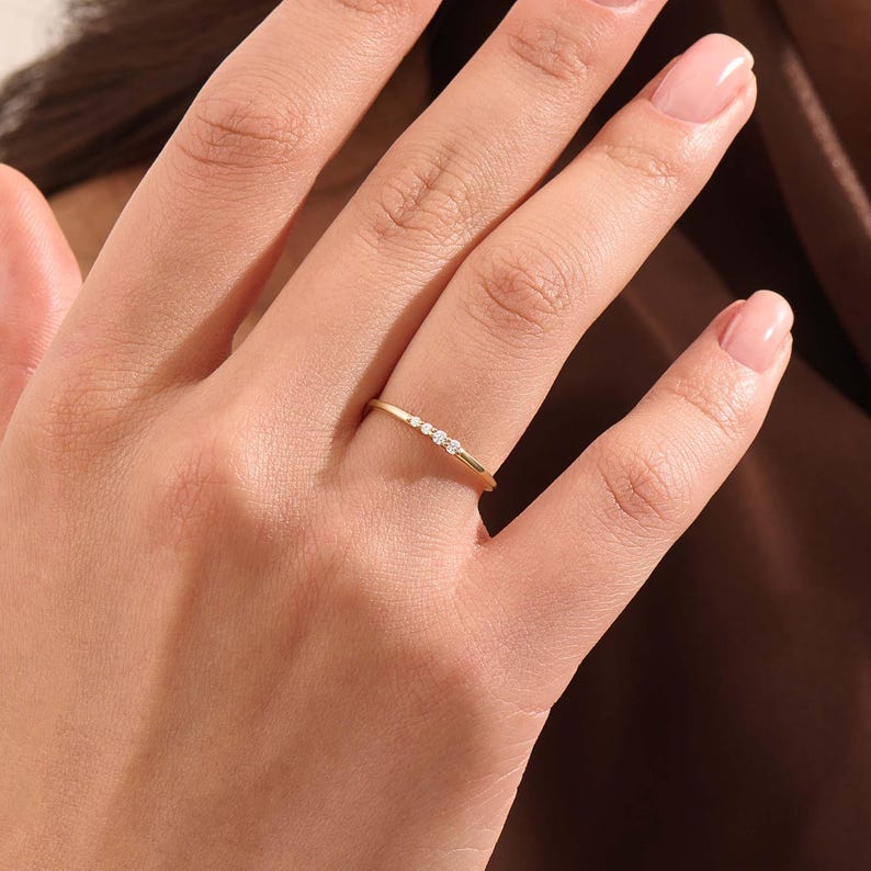 Lab Diamond 4 Stone Wedding Band • 14K Solid Gold Thin Stacking Ring ...