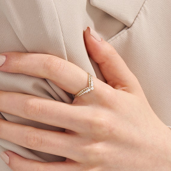 Diamond Curved Wedding Band Solid Gold Wishbone Ring Women Pave Real Diamond Chevron Ring Unique Contour Ring Handmade Jewelry Gift Etsy