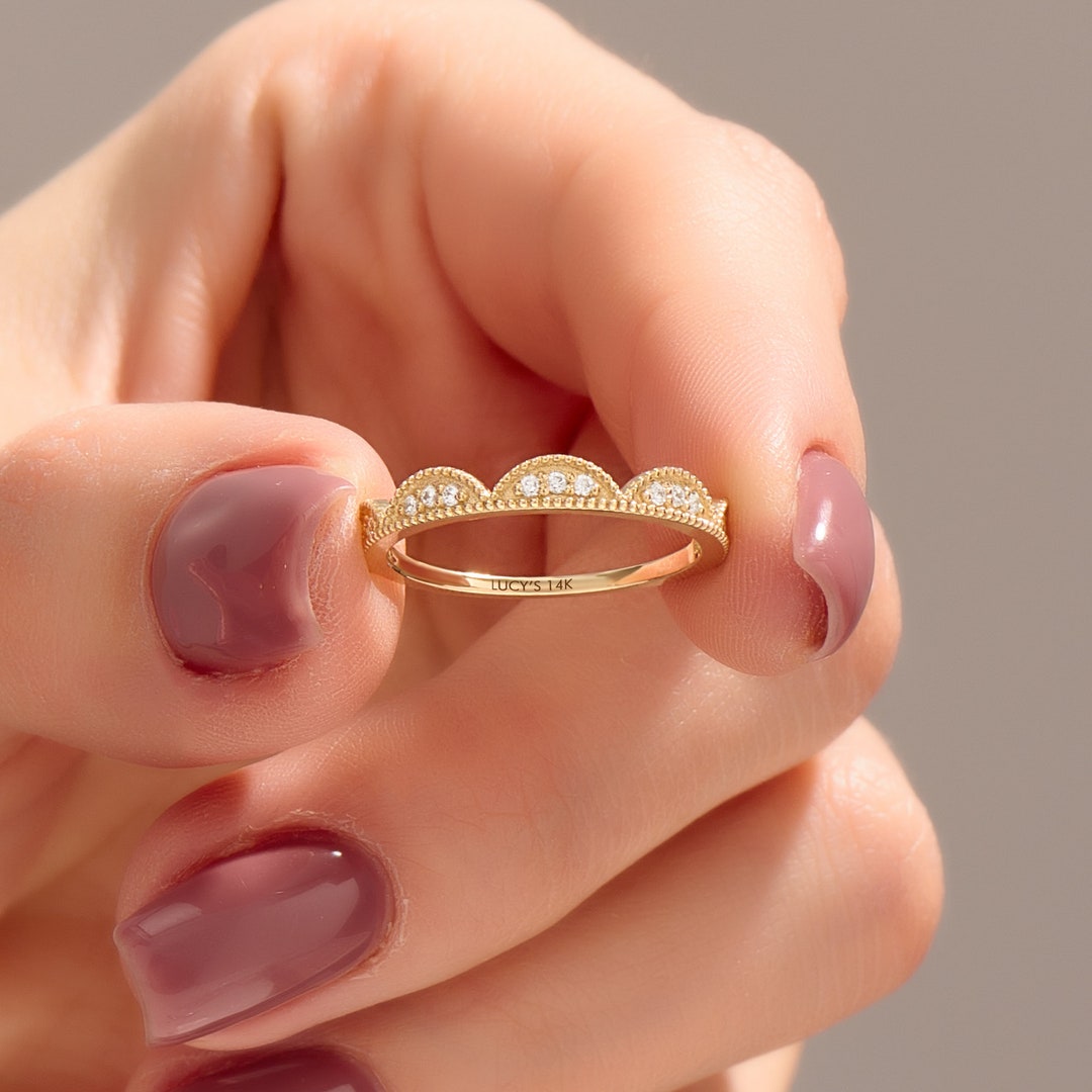 Vintage Bumpy Ring, 14k Solid Gold Real Diamond Ring, Unique Pave Stacking Ring Women, Antique ...