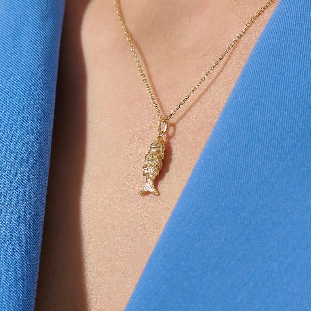 14K Solid Gold Fish Pendant Necklace Animal Charm Ocean Jewelry ...