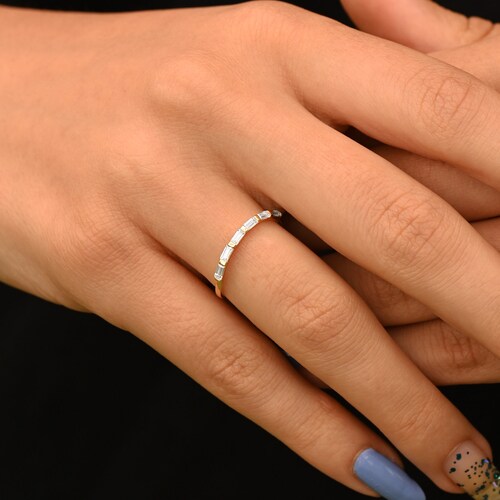 Pave Diamond Slim Wedding Ring 14k Solid Gold Simple - Etsy
