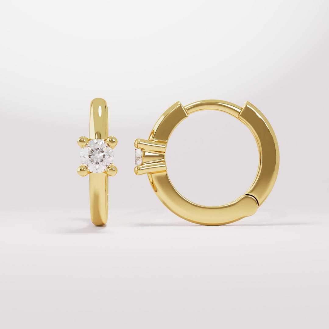 14K Gold Solitaire Huggies Earrings, Minimalist Hoops, Dainty Stacking ...