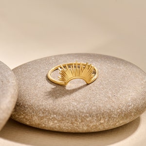 14k Sunshine Ring, Solid Real Gold Half Sun Stackable Band Women ...