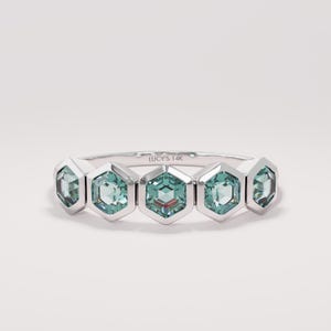 Teal Sapphire Wedding Ring, 14K Solid Gold Bezel Hexagon Band, Half ...