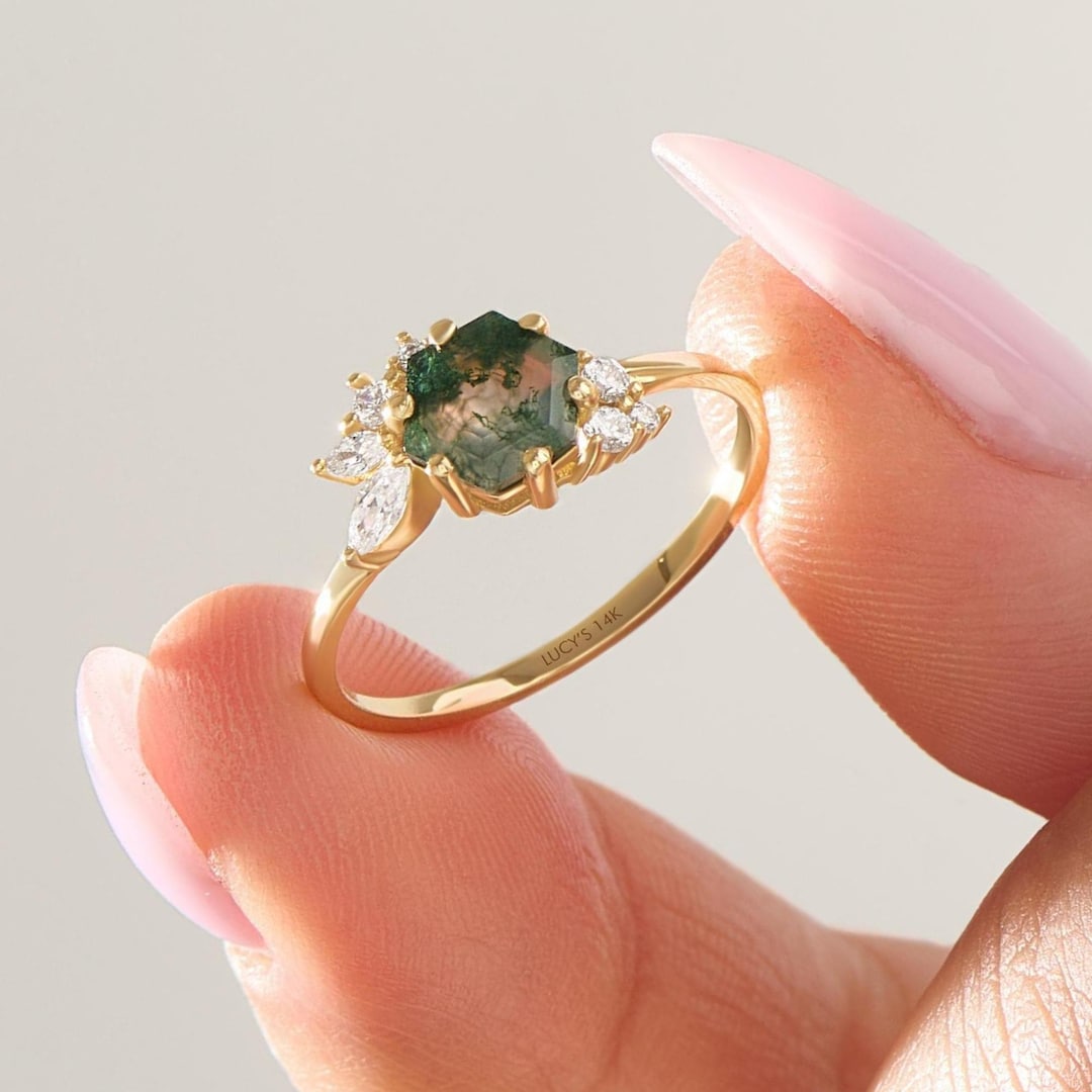 14K Solid Gold Hexagon Moss Agate Ring Unique Engagement Vintage ...