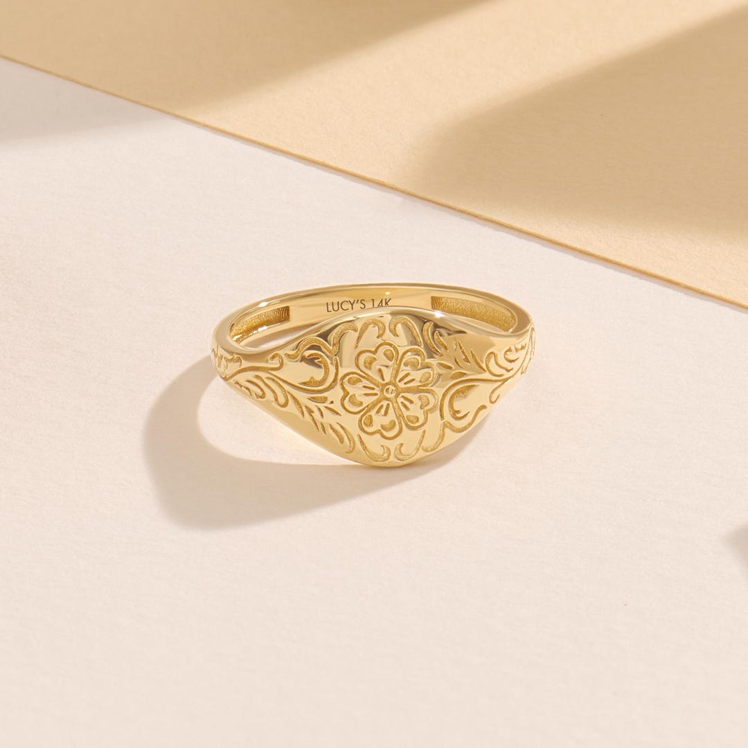 Antique Design Flower Signet Ring 14k Solid Gold Minimal Dome Ring ...