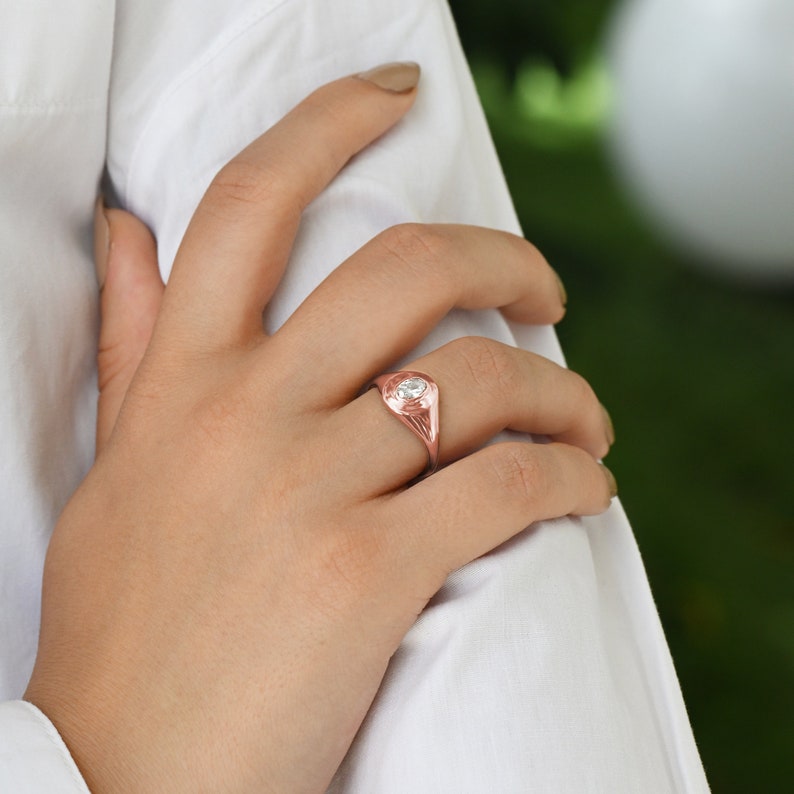 Diamond Oval Signet Ring 14k Bezel Diamond Pinky Ring Women - Etsy
