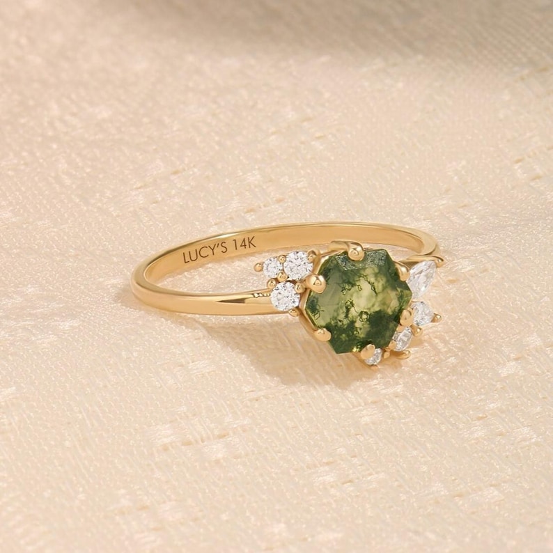 14K Solid Gold Hexagon Moss Agate Ring Unique Engagement Vintage ...