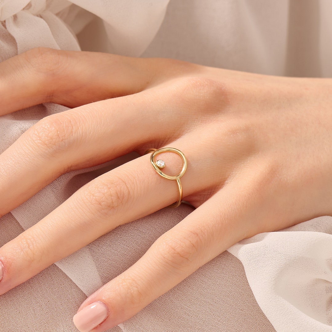 Diamond Karma Ring, 14k Open Circle Ring, Solid Gold Simple Round Rings for Women, Tiny Diamond ...