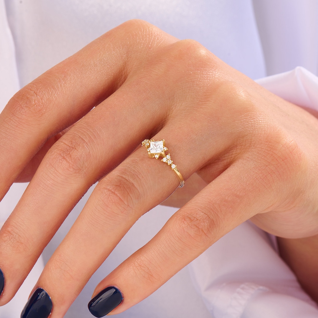 Diamond Sparkle Square Promise Ring 14k Solid Gold Engagement Ring ...