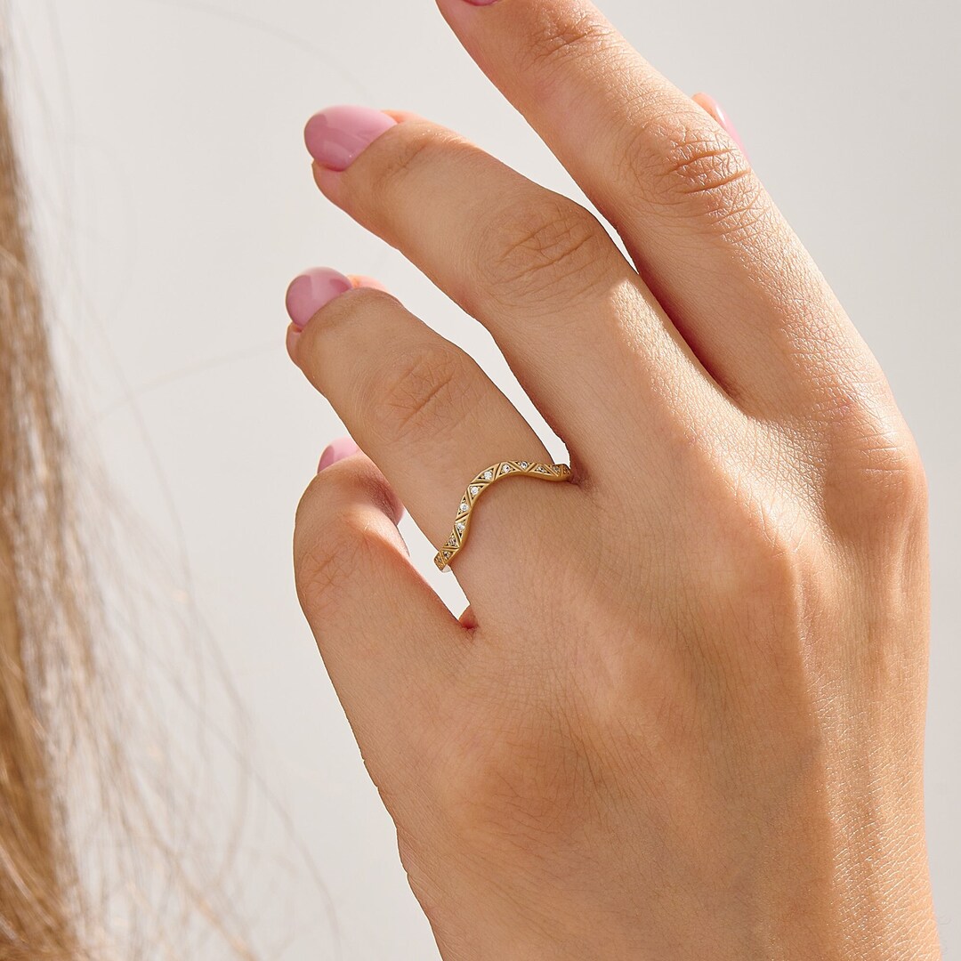 Curved Wedding Band, Solid Gold Contour Ring, Pave Diamond Nesting Ring ...