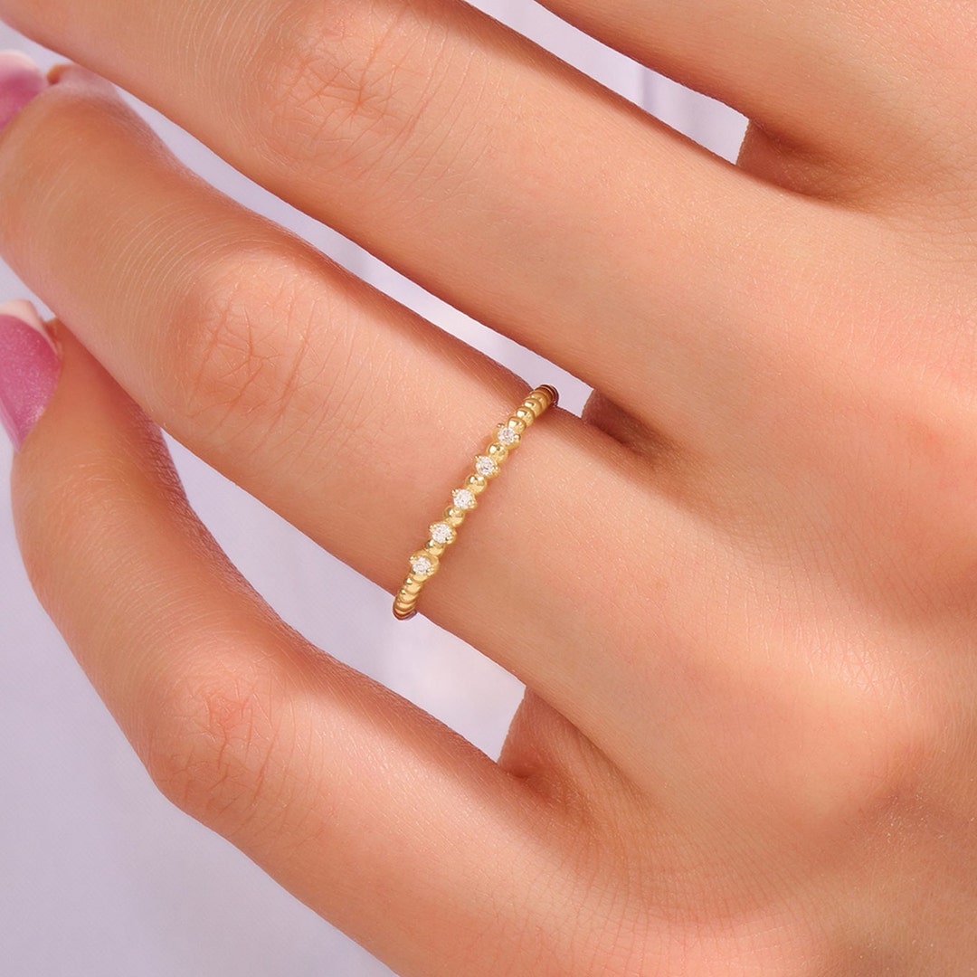 Beaded Thin Ring Enhancer Women Mini Ball Diamond Ring 14k Solid Gold ...