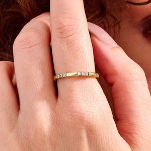 Pave Diamond Slim Wedding Ring 14k Solid Gold Simple Matching Band ...