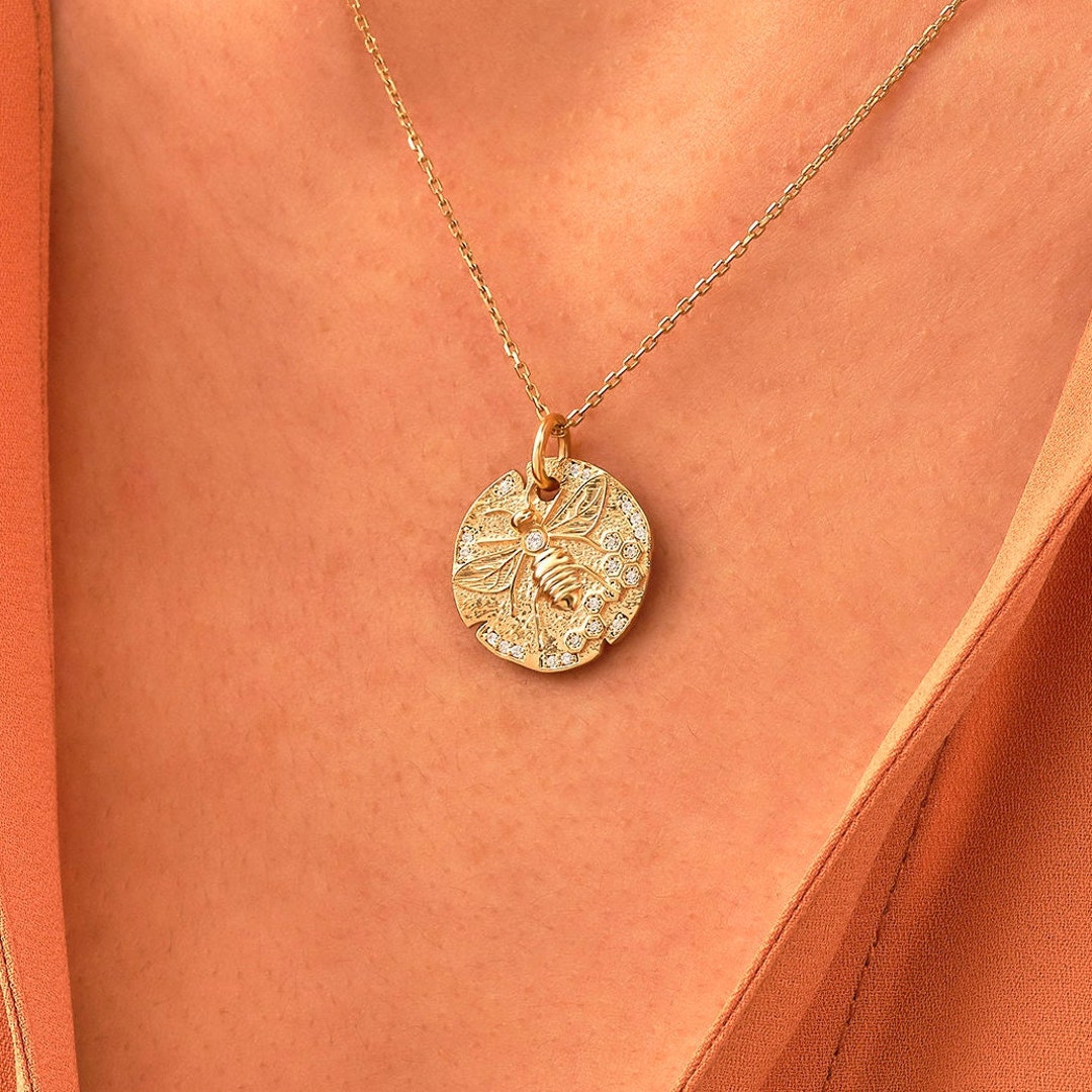 Diamond Bee Pendant Necklace 14k Solid Gold Bumble Bee Disc - Etsy ...