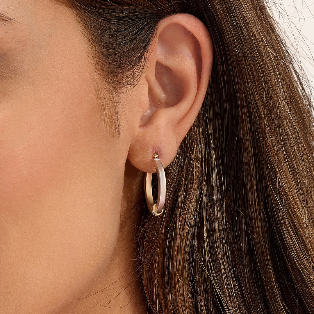 14k Gold Women Minimalist Yellow and White Gold Earrings Tiny Dainty ...