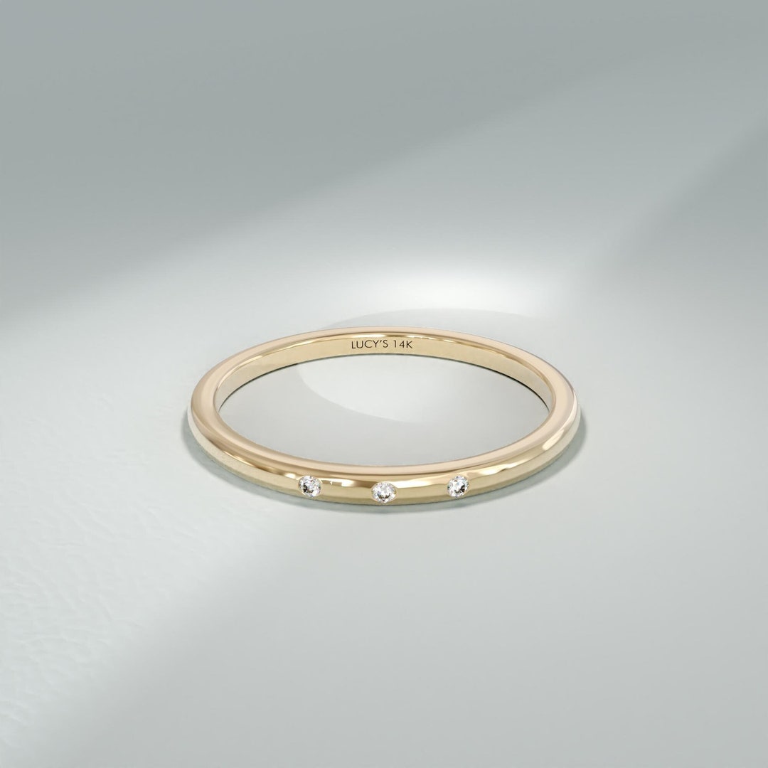 Ultra Slim Diamond Wedding Ring, 14k Solid Gold Minimalist Tiny Trio Ring Women, Simple Stacking ...