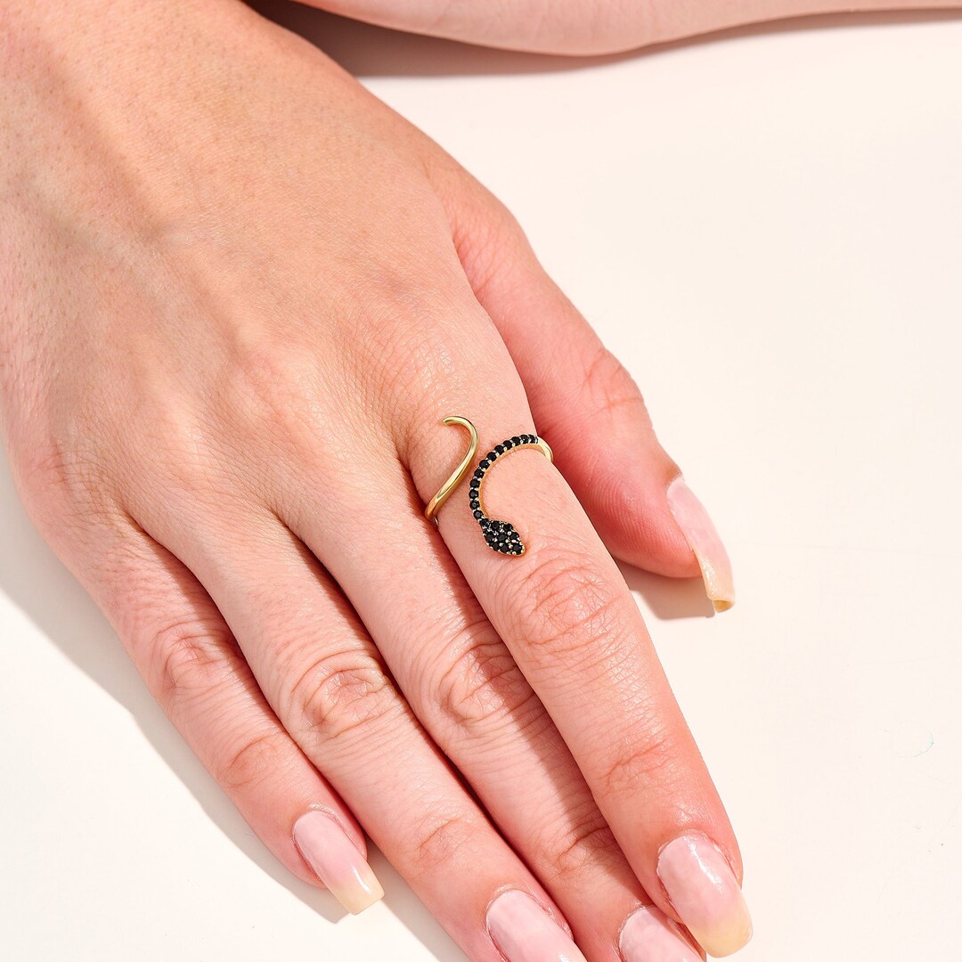 Snake Ring for Women, 14k Solid Gold Serpent Ring, Black Diamond Rings, Unique Statement Ring ...