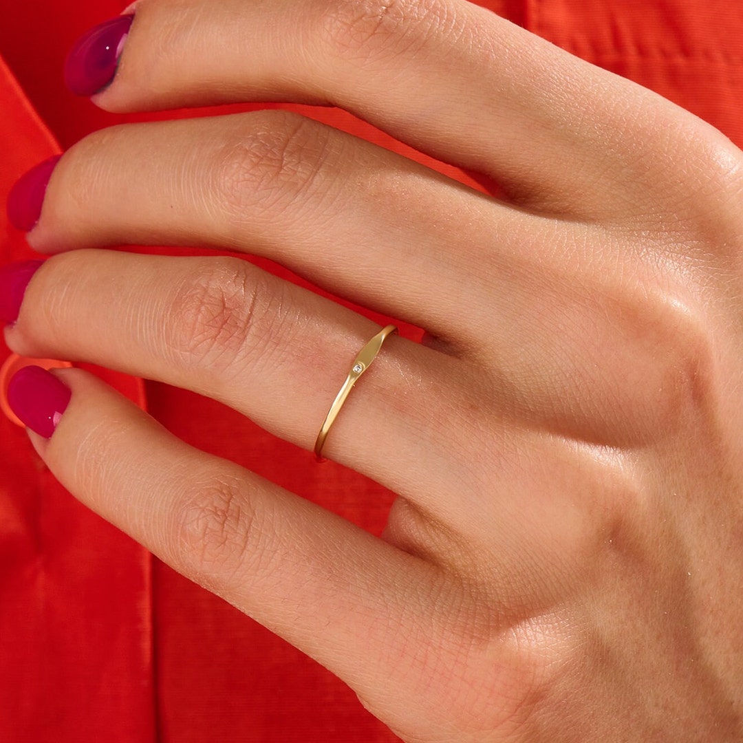 Diamond Minimalist Signet Ring 14k Solid Gold Tiny Diamond Ring Gold Pinky Ring Women 14k 10k ...