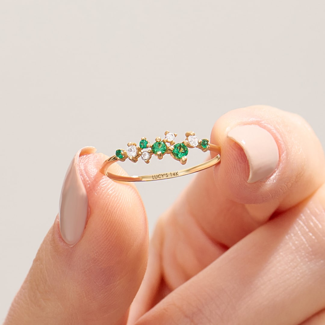 Diamond Emerald Cluster Ring, Solid Gold Wedding Band Women, 14k ...