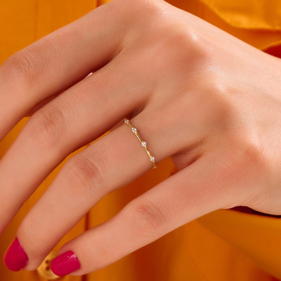 Diamond Bamboo Stackable Ring, Solid Gold Stacking Ring, 14k Tiny ...