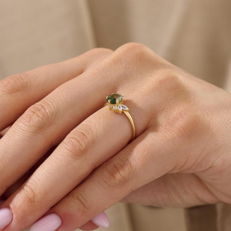 14K Solid Gold Hexagon Moss Agate Ring Unique Engagement Vintage ...