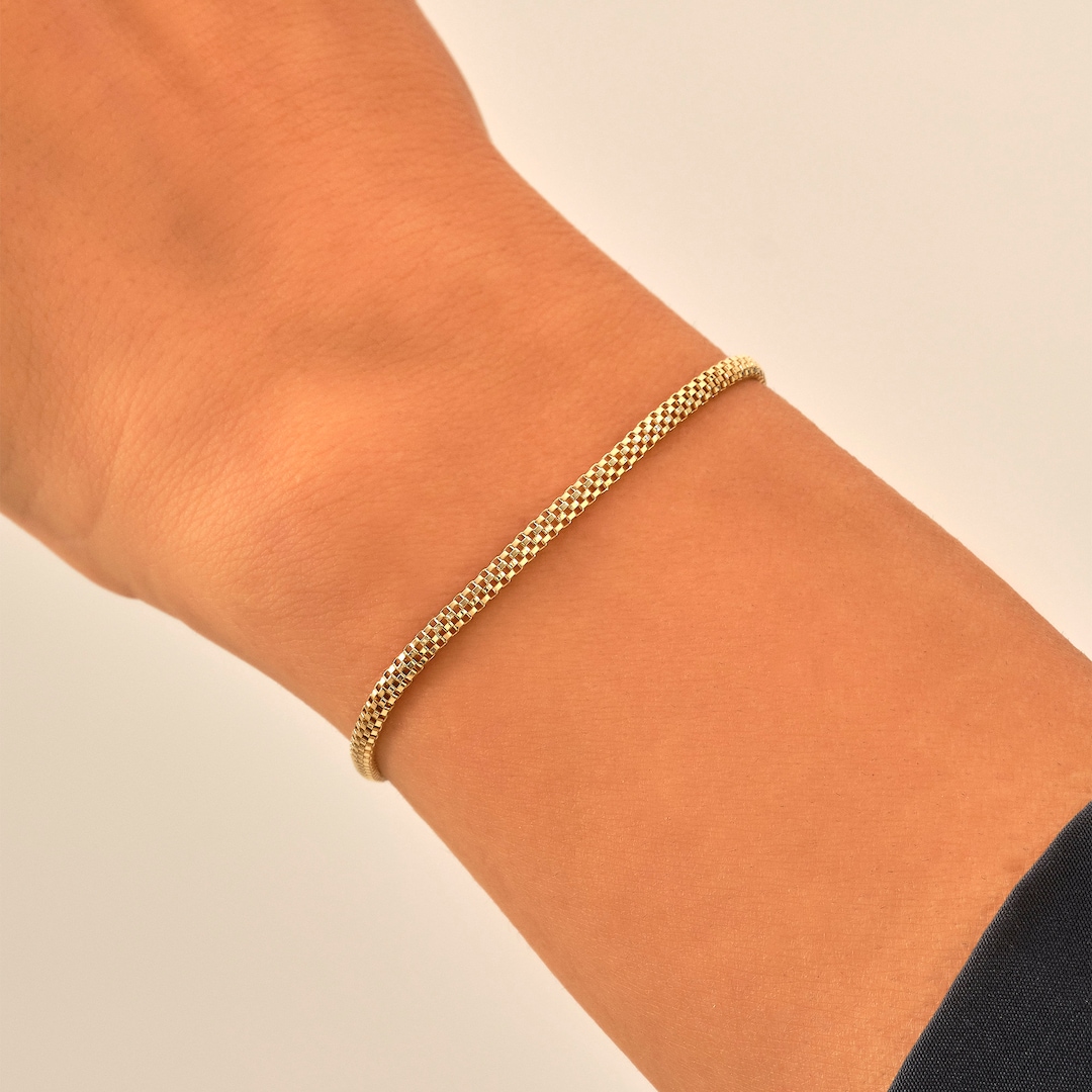 14k Solid Gold Oval Chain Bracelet Flat Chain Bracelet Women Snake ...