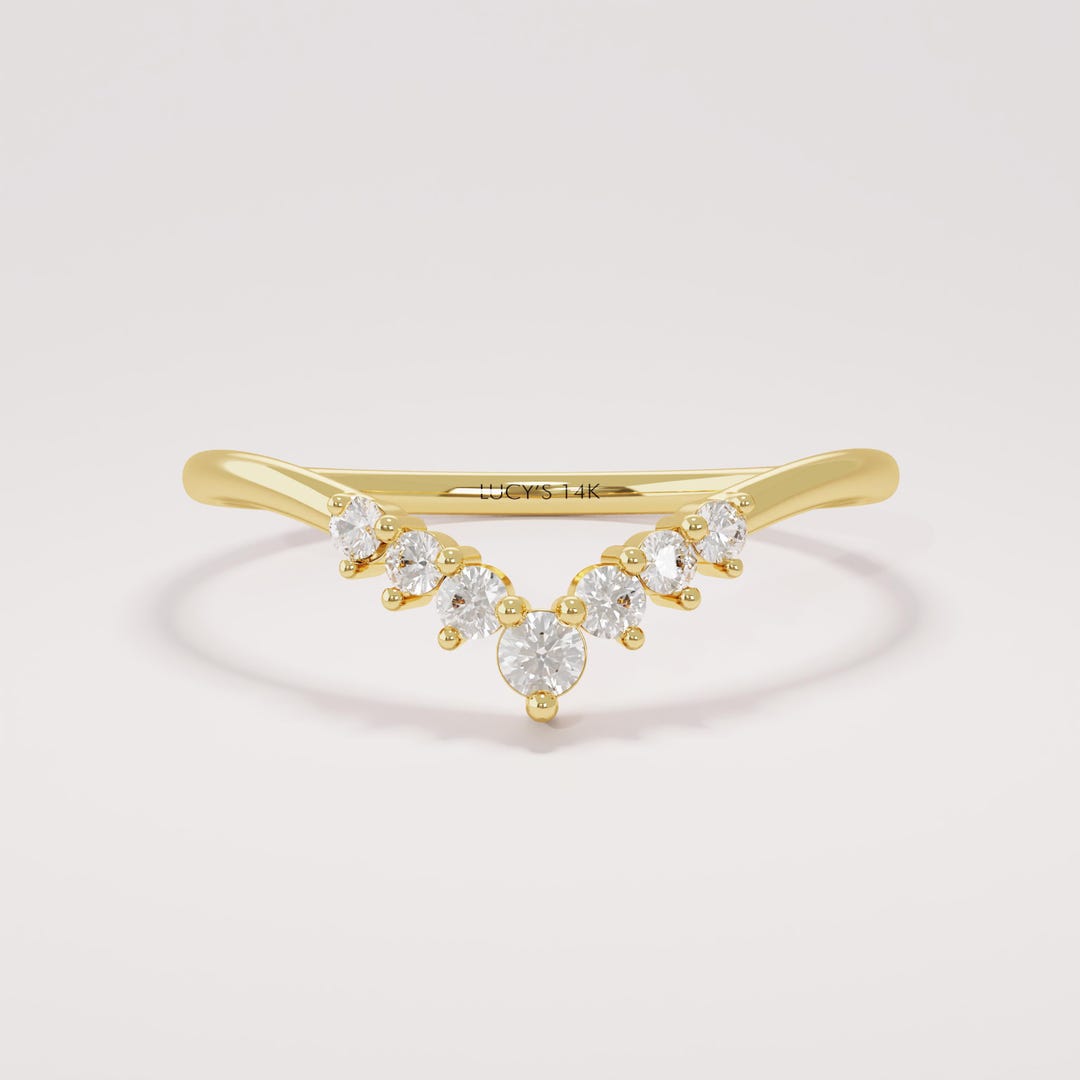 Pave Diamond Curve Chevron Ring, 14k Wedding Ring Enhancer, Solid Gold ...