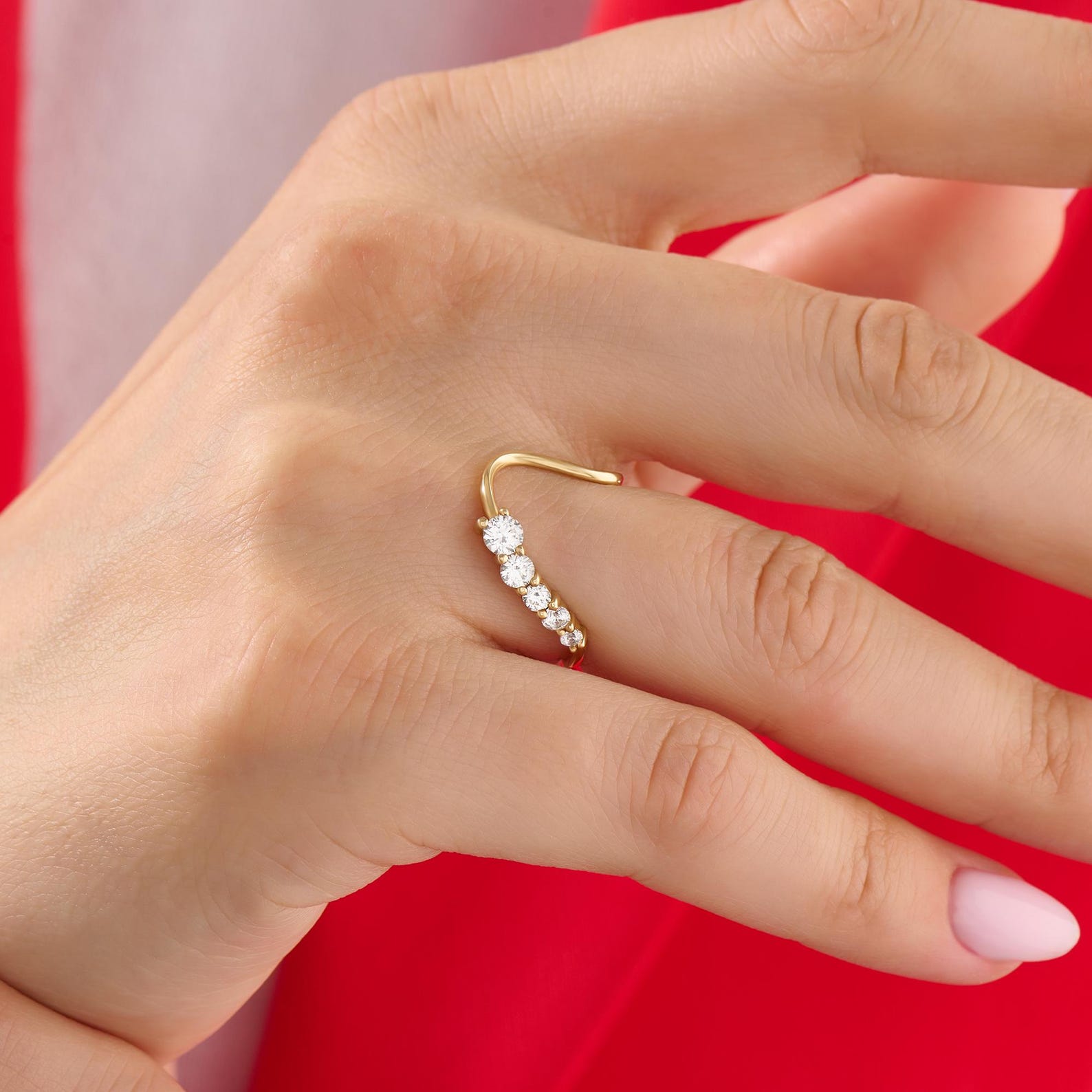 14k Solid Gold Diamond Wave Ring – Deep Curve Arch Band, Curved Wedding ...