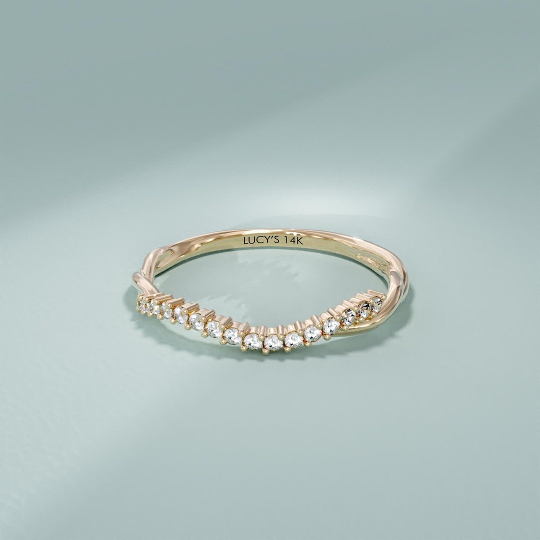 Pave Diamond Wavy Stacking Ring, 14k Solid Gold Delicate Thin Wedding Ring, Curvy Bypass Knuckle ...