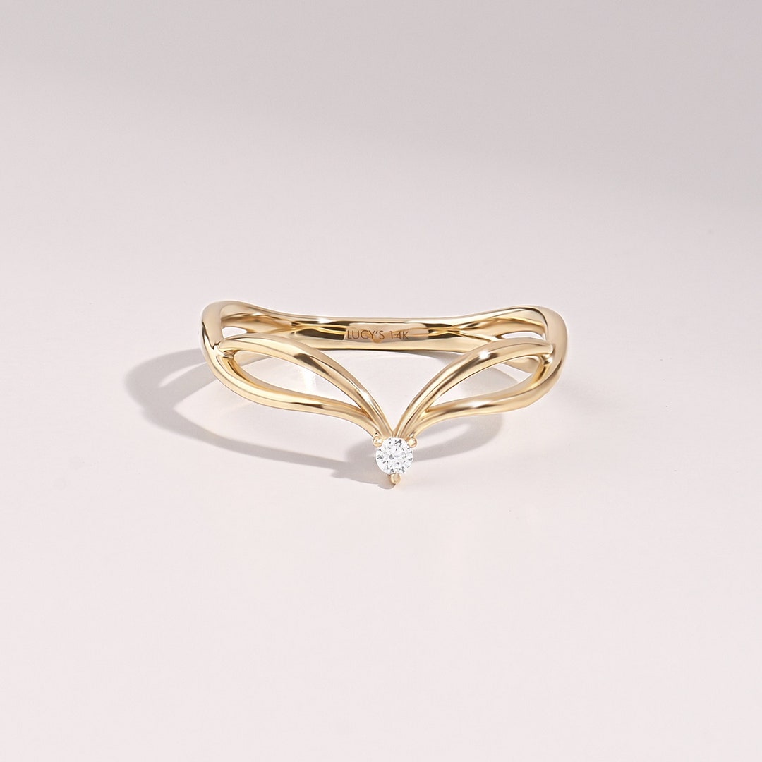 Curved Wedding Band, 14k Solid Gold Nesting Ring, V Shaped Ring Enhancer, Dainty Contour Ring ...