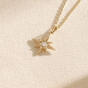 Diamond North Star Pendant, 14k Solid Gold Celestial Necklace, Dainty ...