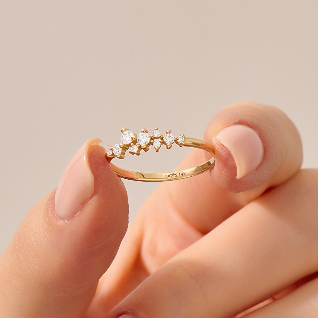 Diamond Iconic Cluster Ring, 14k Solid Gold Wedding Engagement Ring, Womens Minimalist Stacking ...