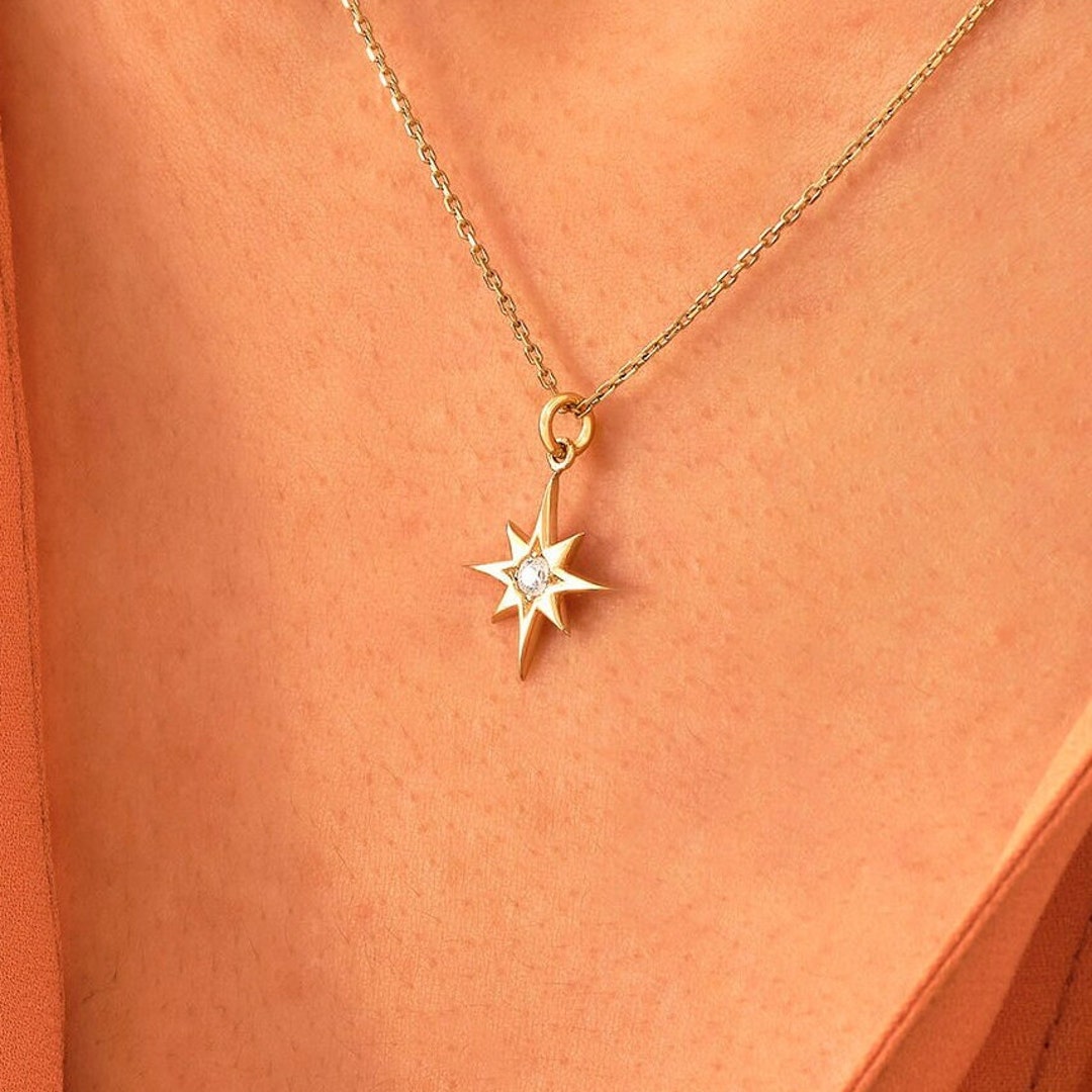 Diamond North Star Pendant 14k Solid Gold Star Charm Necklace - Etsy