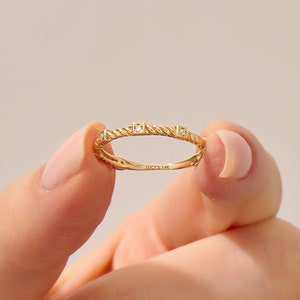 Diamond Twined Stackable Ring, 14k Gold Twisted Rope Ring Solid Gold Braided Ring, Spaced Tiny ...