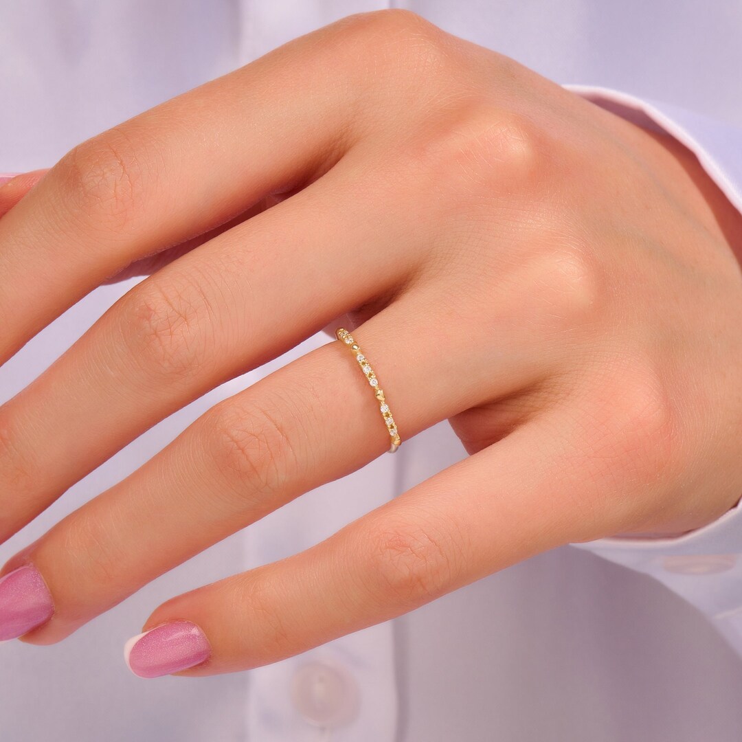 Diamond Pave Tiny Heart Ring, Solid Gold Stackable Band Women, 14k Thin Stacking Ring, Slim ...
